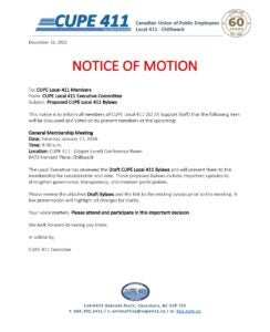 Notice of Motion – CUPE 411 Bylaws – CUPE 411